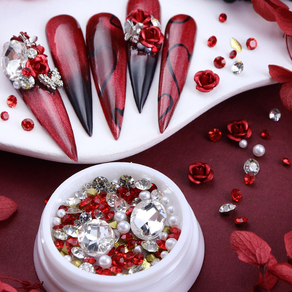 Qianya 2025 Valentine Red Rose Nail Charms with Metal Flowers, Diamonds ...