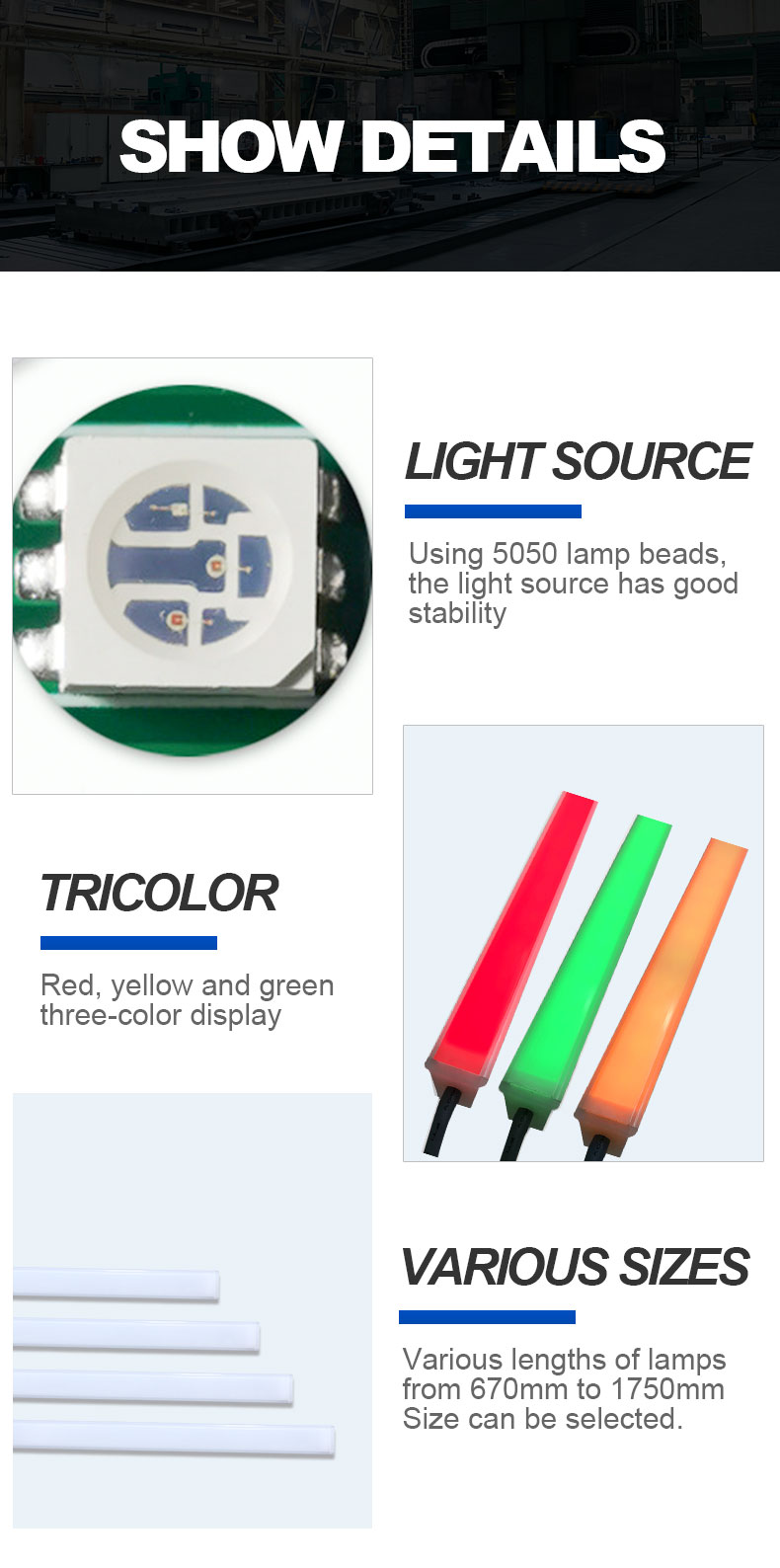 Equipment Machine 670mm 24V 3 Color RYG Alarm Indicator Warning Light ...