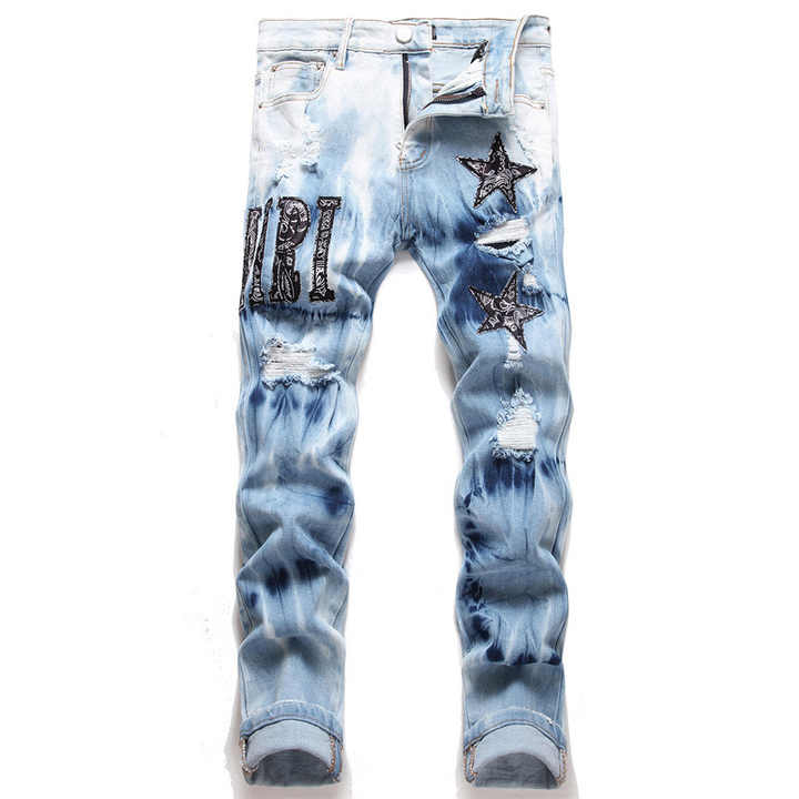 Fashion Streetwear Men Jeans Blue Color Paint Printed Jeans Men Hip Hop ...