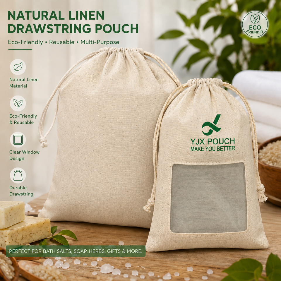 Custom Logo Natural Linen Drawstring Pouch With Clear Window Eco ...