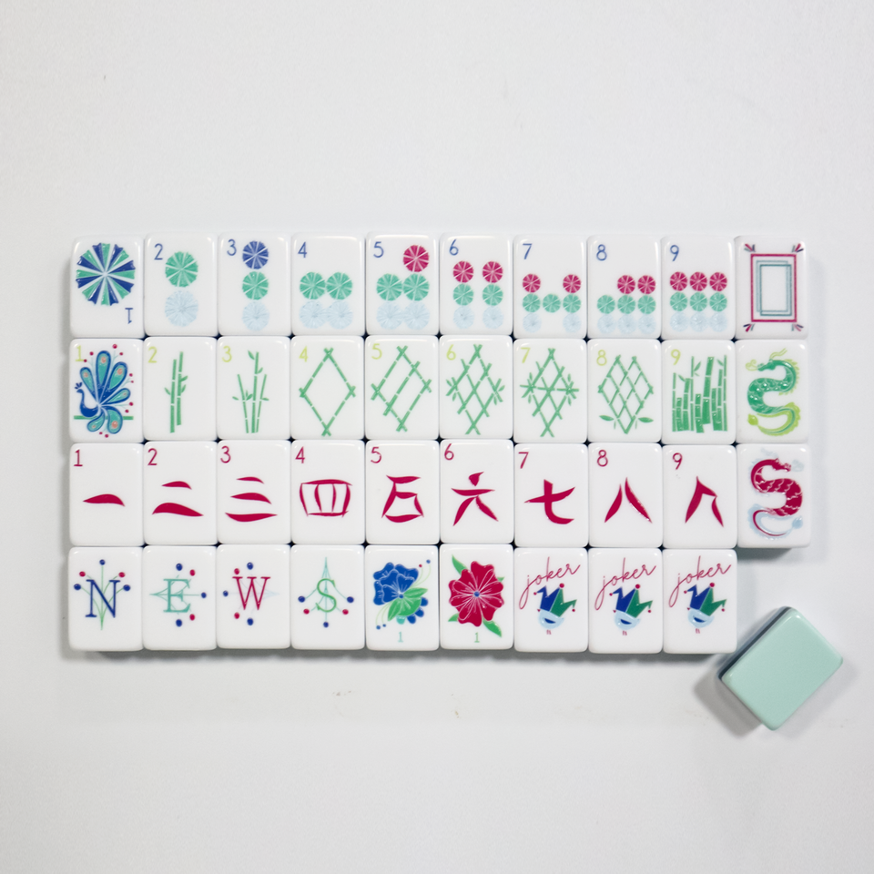 Light Sage Green Joker Included Mahjong Set with Floral & Bamboo Prints ...