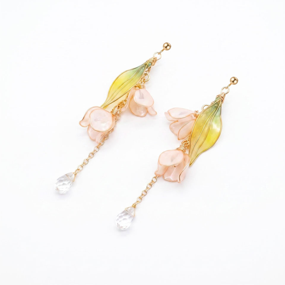 AE-993 Crystal Gold Chain Tassel Beige Handmade Resin Flowers Lily of ...