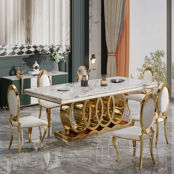 Modern Luxury Rectangular Gold Dinning Table Set 6 Seater