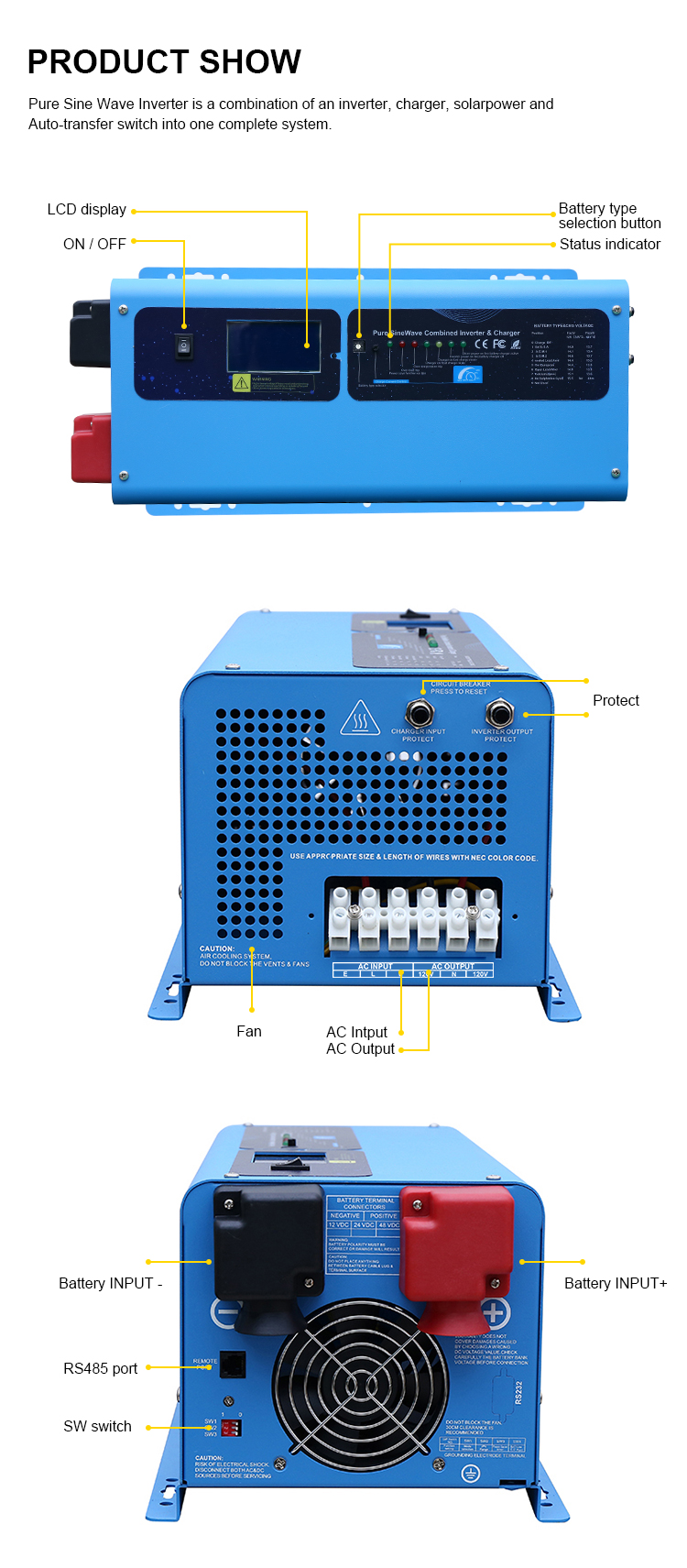 6000W 48V Pure Sine Wave Inverter Charger 48VDC and 240VAC Input to 120V 240V AC Split Phase ...