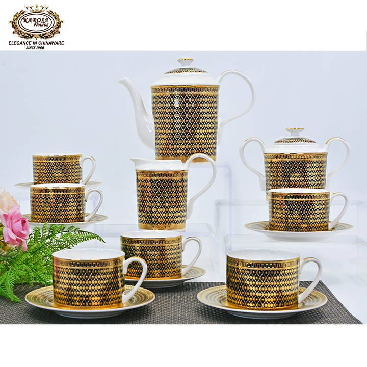 17pcs Karosa Black Western Style Tea Cup Sets Embossed Gold Luxury Fine ...