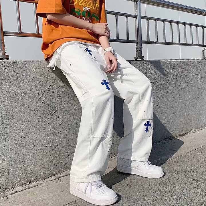 Street Style Cross Applique Embroidery Logo Splicing Jeans Straight Leg ...