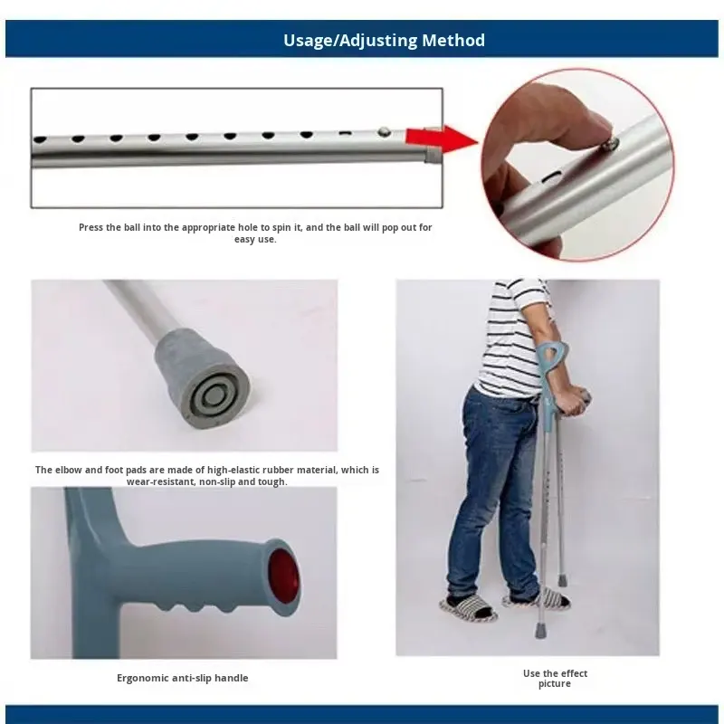 Stainless Steel Elbow Underarm Double Cane Anti-Slip Foldable Height ...