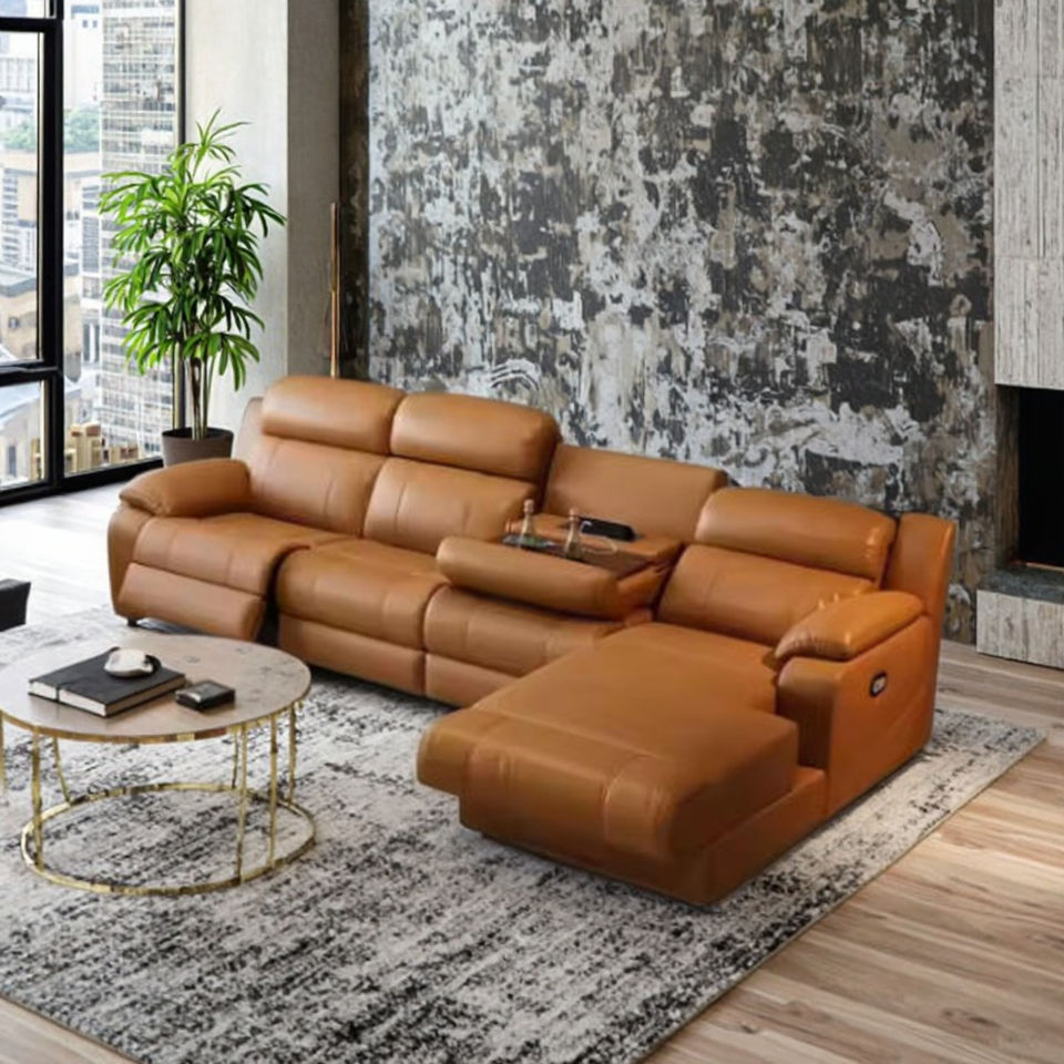 Modern Rectangle Reclining Sofa Genuine Leather Modular Sectional Wood ...