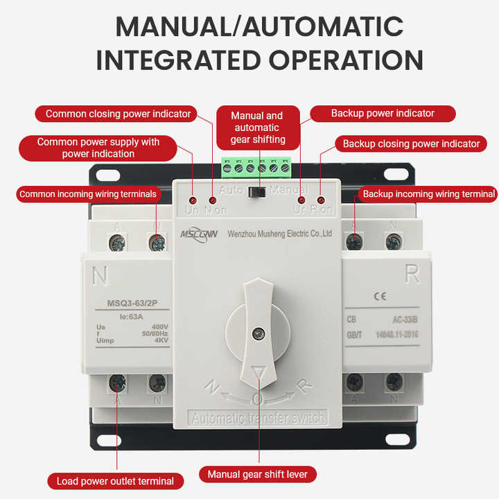 Industrial Power ATS 2P 4P 4KA 2 Input 1 Output 63A 400V 50/60Hz ATS ...