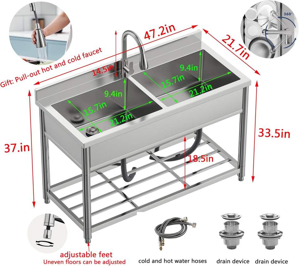 2-Compartment Commercial Sink, Stainless Steel Utility Sink with Pull ...