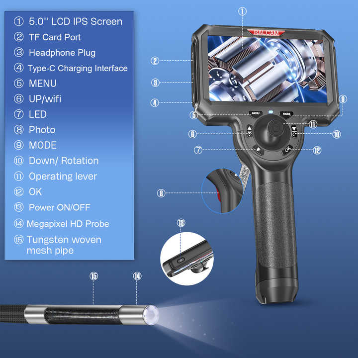 6pcs LED Automotive Borescope - IP67 Waterproof & 4 Way Articulation