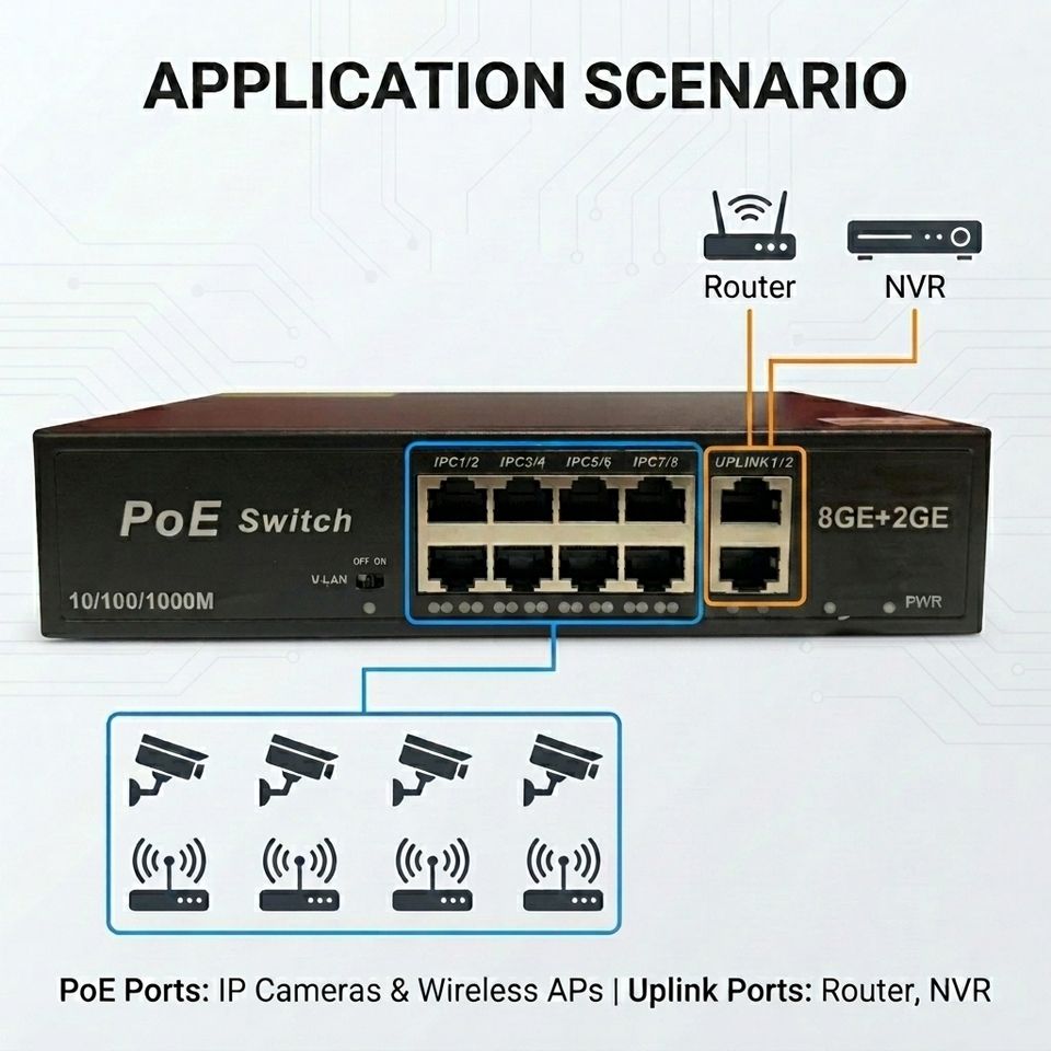 AI PoE Switch 10 Port 8GE+2GE Gigabit 1000Mbps 6KV Lightning 250m AI ...