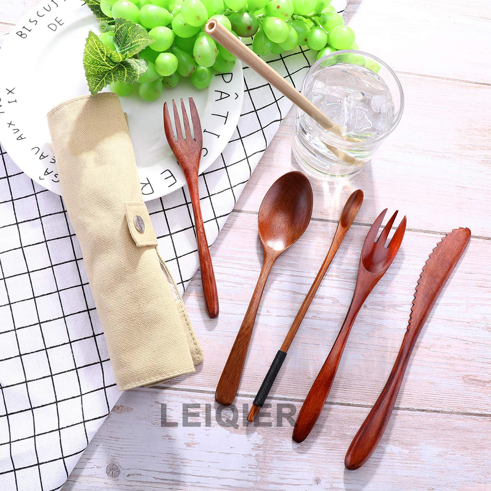 Custom Logo Wooden Bamboo Travel Utensils Set with Khaki Bag Includes ...