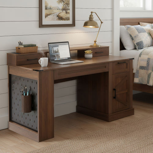 55" Modern Office Desk with Storage Cabinet & Charging Station Barn ...