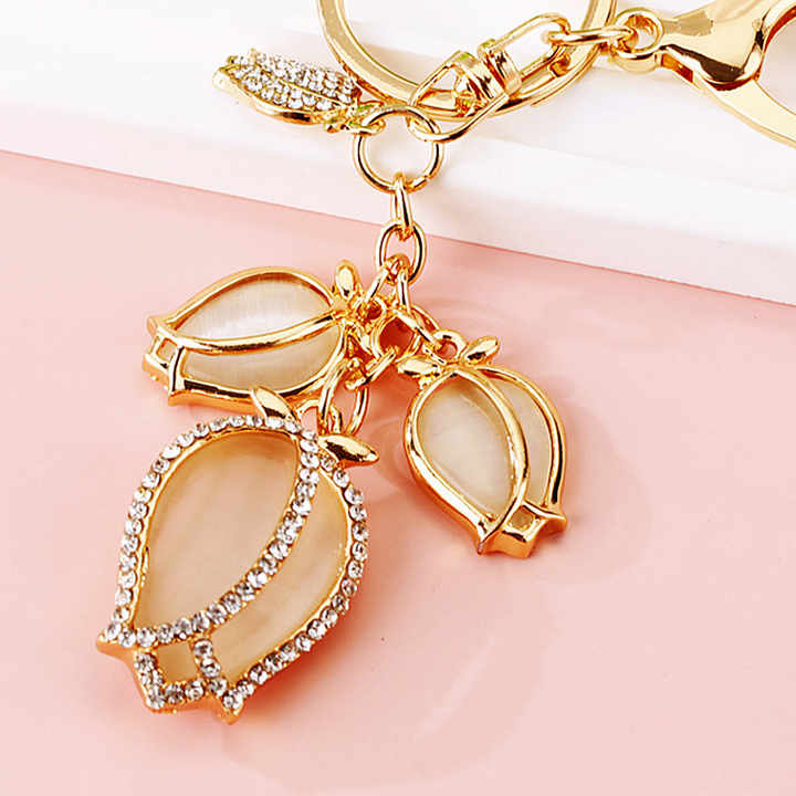 Wholesale Metal Keychains 3D Tulip Key Chain Luxury Rhinestone Keychain ...