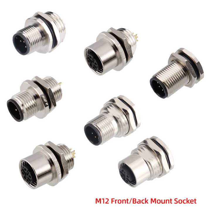 M12 Series Soldered Front/Back Panel Socket Male Female Metal Socket ...