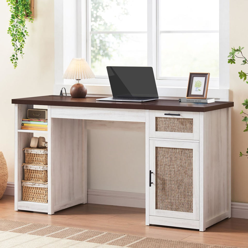 Rattan Computer Desk with Drawers & Storage Cabinet, Wood Writing Desk ...