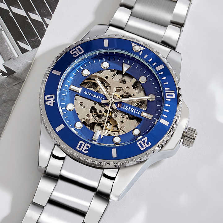 Automatic Mechanical Silver Tone Wristwatch Tourbillon Movement Mineral ...
