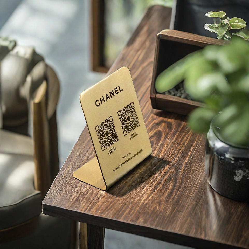 Custom Creative Brass QR Code Sign Advertising Board Counter Stand for ...