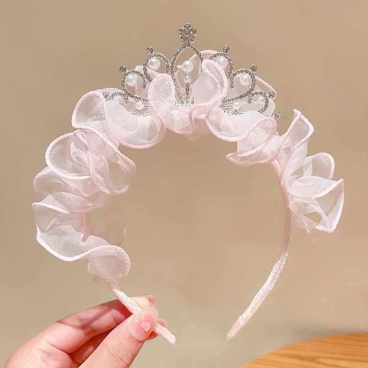 Princess Temperament Crown Tiara Little Girl Gauze Bow Pearl Headband ...