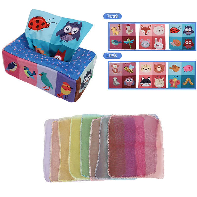 Multi-Color Soft Plush Colorful Baby Tissue Box Toy for Early Learning ...