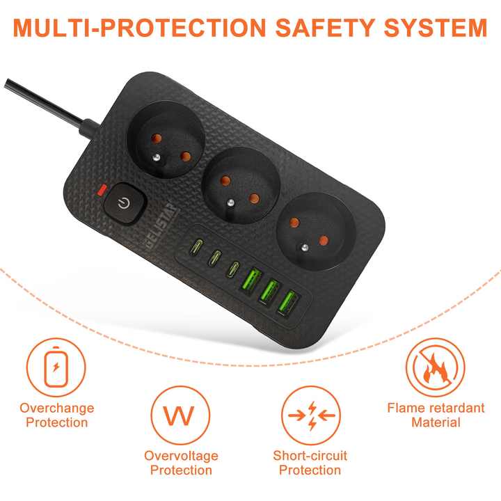 Hot Sale French Power Strips With Overload Protection FR Socket 3 Ways 3Usb+3Type C Extension ...
