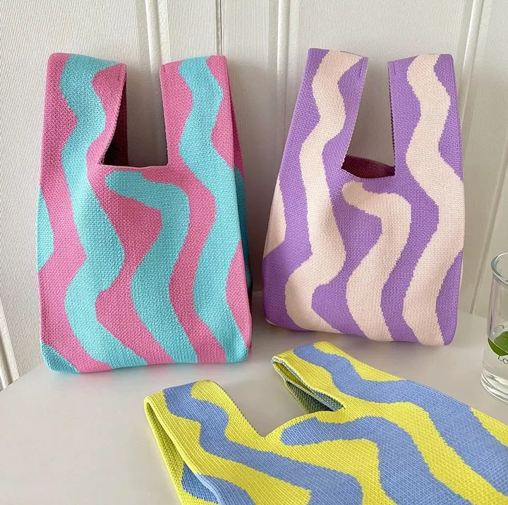 Women Stripes Tote Bag Random Pattern Shopping Bags Wrist Bag Versatile ...