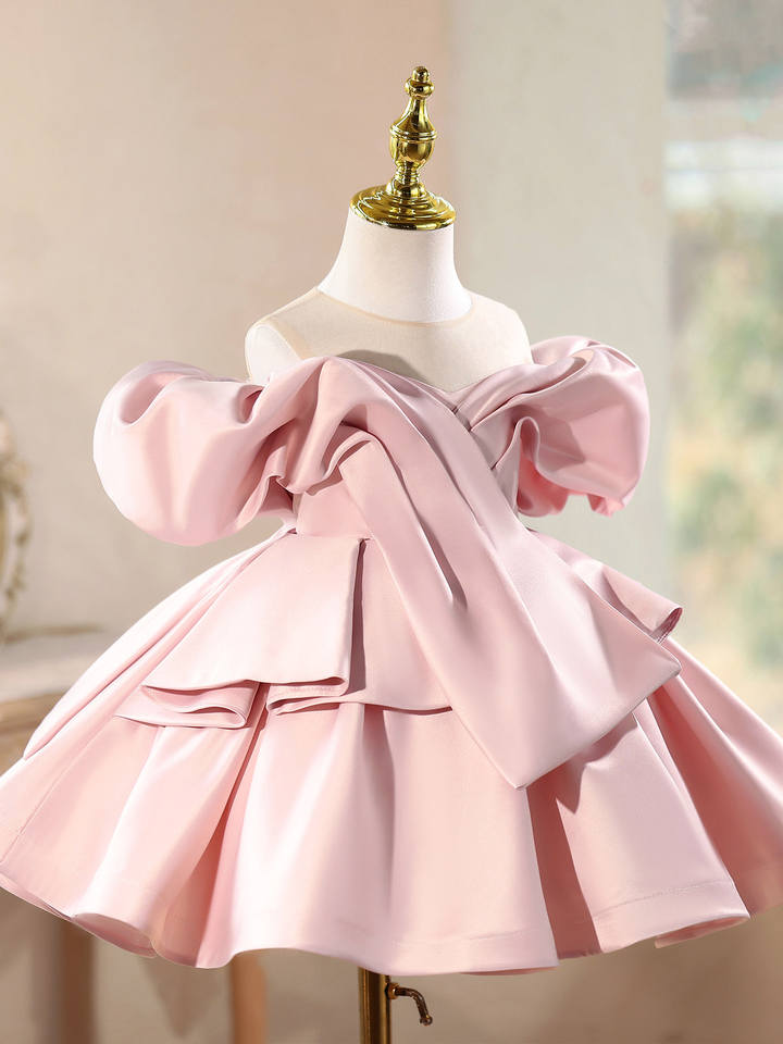 Luxury Pink Satin Girl Party Dress Off Shoulder Puff Sleeve Princess ...