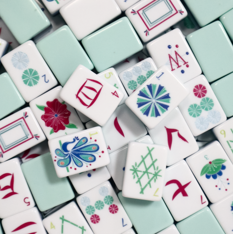 Light Sage Green Joker Included Mahjong Set with Floral & Bamboo Prints ...