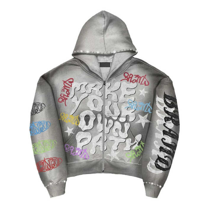 Custom Rhinestone Hoodie Oversized Streetwear Boxy Heavyweight Cotton Cropped Acid Wash Zip up ...