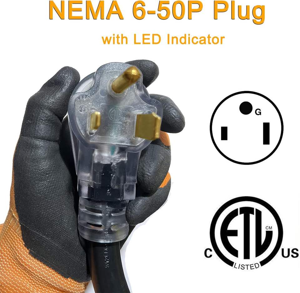 50AMP Welder Extension Cord 50 Feet 6-50P 3 Prong 6-50R Female Plug ...