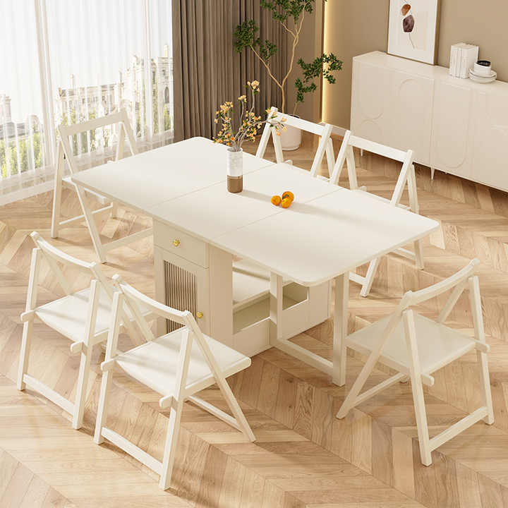 White solid wood folding dining table Small household dining table ...