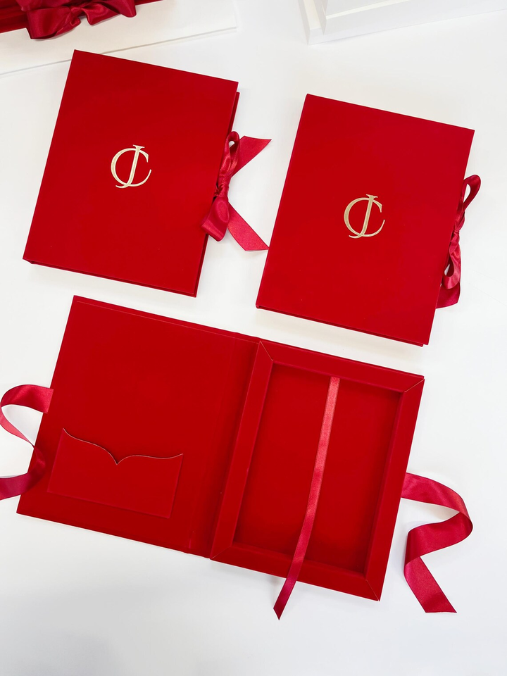 Red Wine Velvet Wedding Invitation Box 5x7, Custom Gold Foil Monogram ...