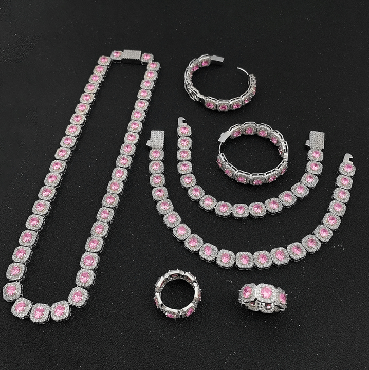 Fashion Women Jewelry Set Square Pink Cubic Zirconia Bracelet Bling ...