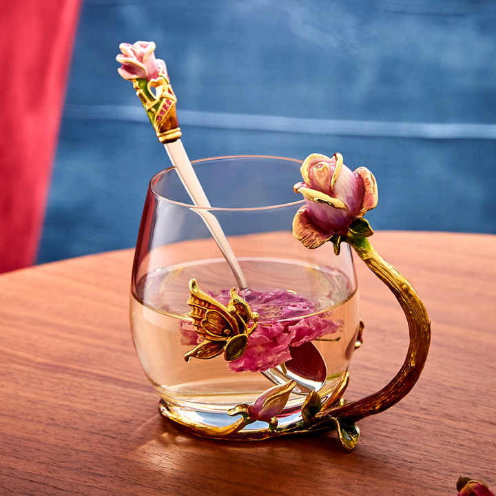 RORO Enamel Rose Flower Glass Cup - Artistic & Eco-friendly