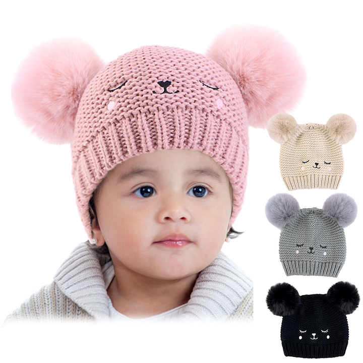 Wholesale Custom Cute Winter Double Pom Beanie Hat for Kids
