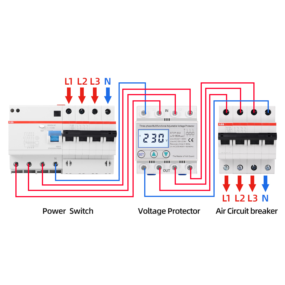DIN Rail Adjustable AC 380V 3 Phase Over and Under Voltage Protector ...