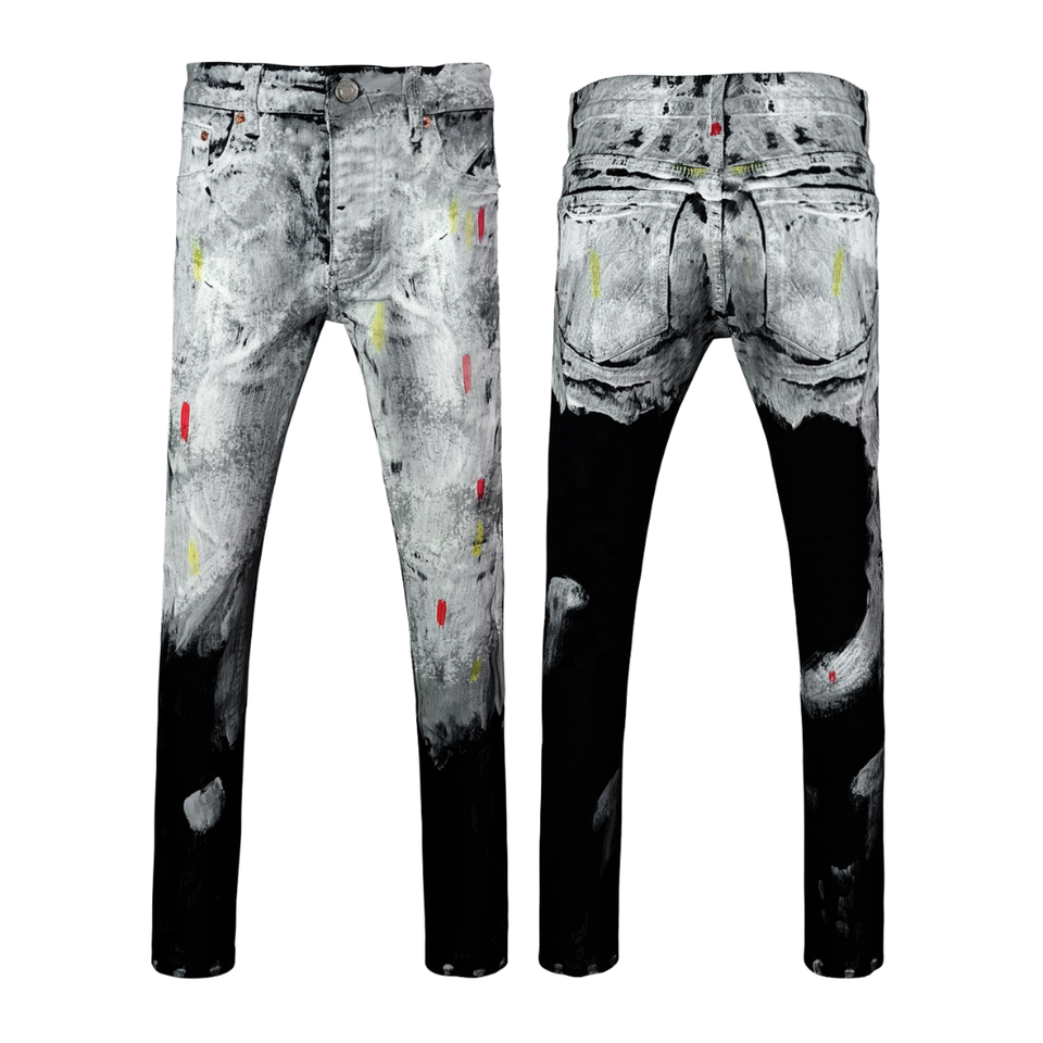 Custom Men Paint Splatter Jeans Black White Acid Wash Slim Fit ...
