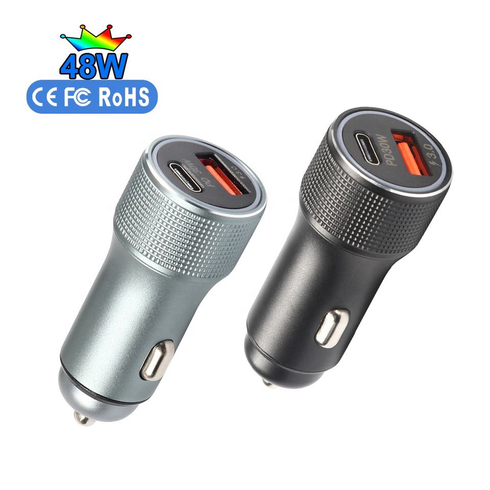 HNT Silver & Black 48W Car Charger 2 Port Fast Charging USB+Type C ...