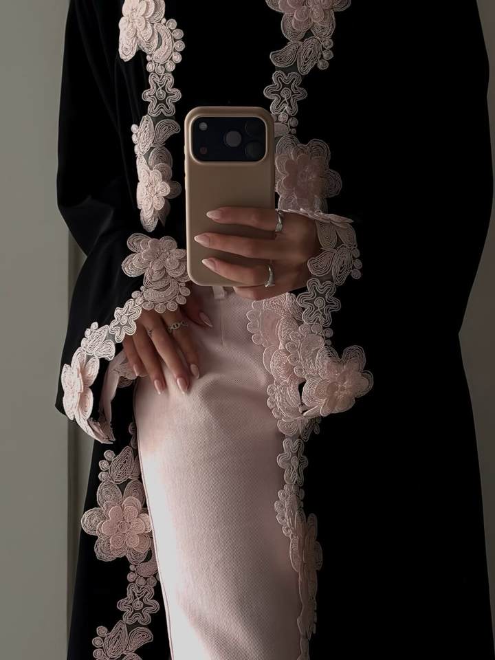 Hafizah Custom Black Abaya Women 3D Floral Applique Pink Embroidery ...