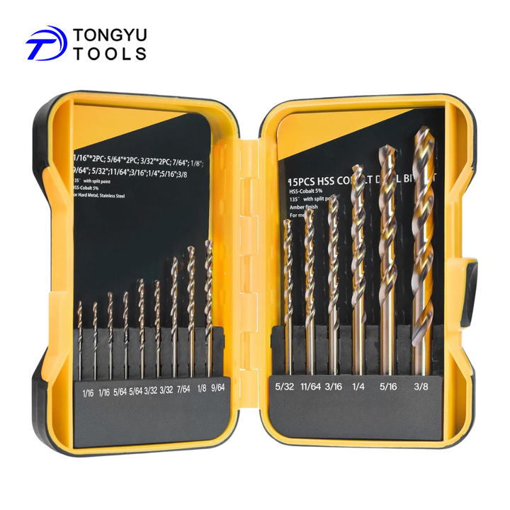 15Pcs M35 Cobalt Drill Bit Set, SAE 1/16" to 3/8" Jobber Length Twist ...