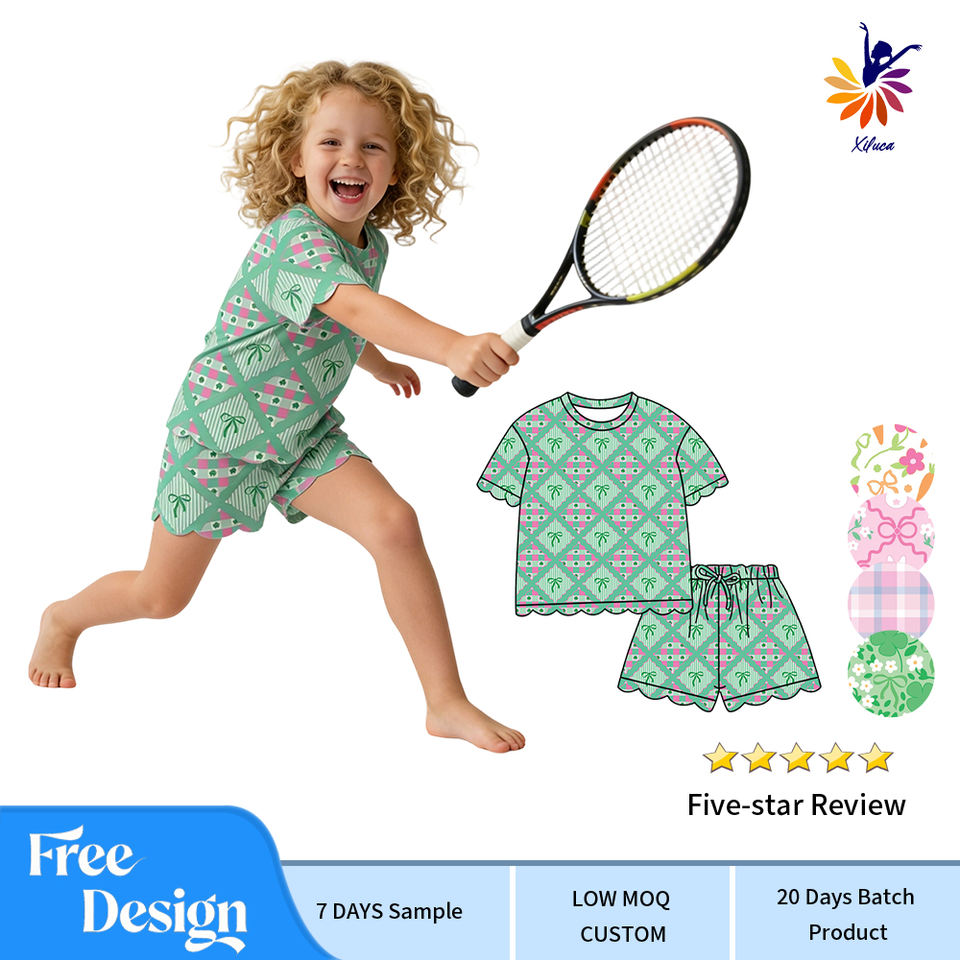 Girls Hot New Yoga Set Short Sleeve Shorts Scallop Hem Custom Logo Size ...