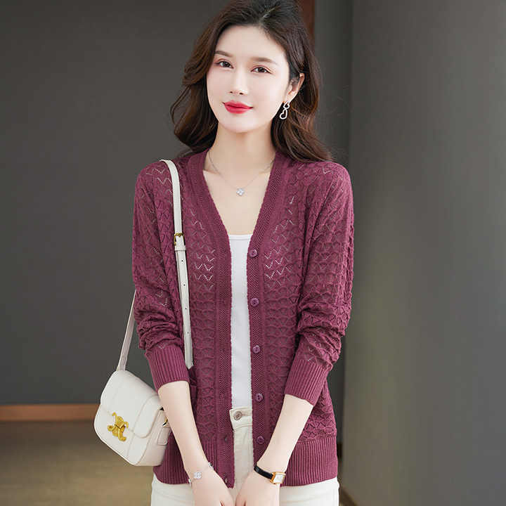 Shiny Effect Novelty Knit Sweater V-neck Pointelle Fancy Knit with ...