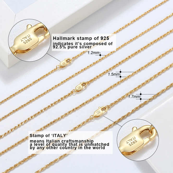 18K Gold Plated Diamond-Cut Rope Chain - 925 Sterling Silver