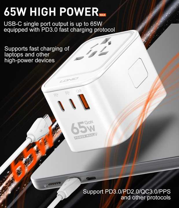 LDNIO Z6 Travel Adapter - Universal, 65W Multi-Port Charger