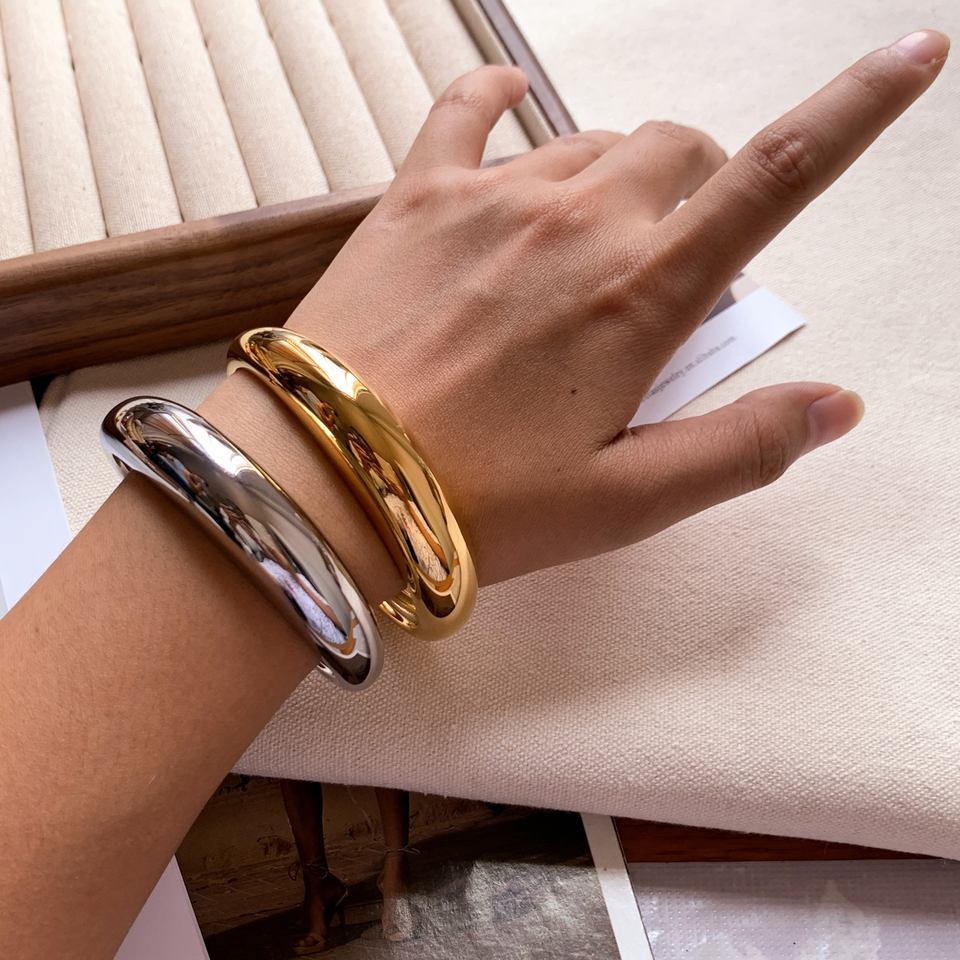 Chunky Thick Bold Cuff Bangles - Stainless Steel PVD 18k Gold Plated