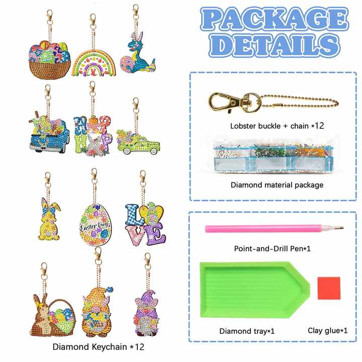 12 Pcs Easter Diamond Painting Keychain DIY Keyring Diamond Painting ...