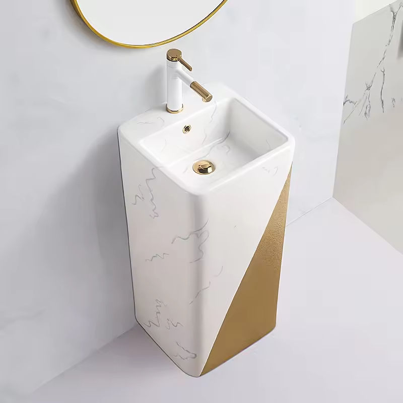 Rectangular Gold Marble Pedestal Wash Basin One Piece Free Standing ...
