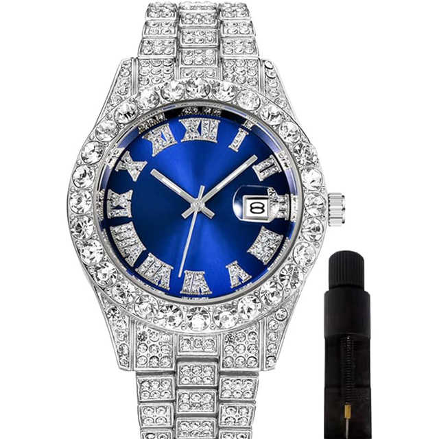 Bling Diamond Watch Men's Luxury Quartz Watch with Mineral Mirror