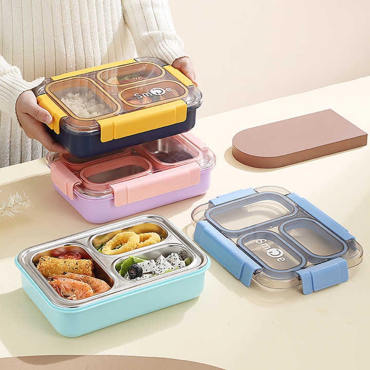 Adult Stackable Plastic 3 Compartment 710ml Food Container Tiffin Kids ...